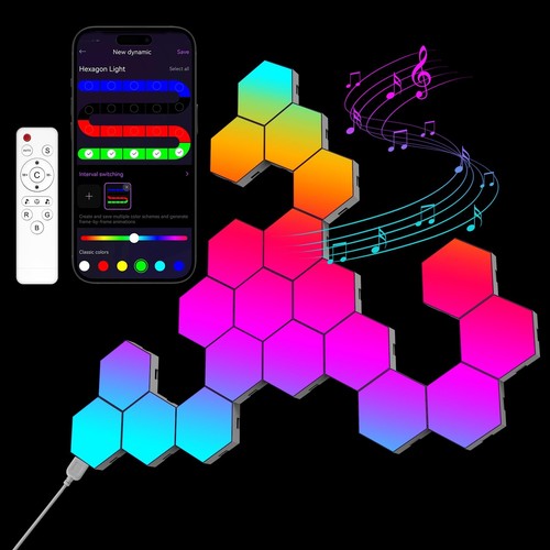 20 Pack Hexagon Lights Wall RGB Panel - Smart APP RGB Hexagonal Modular ...