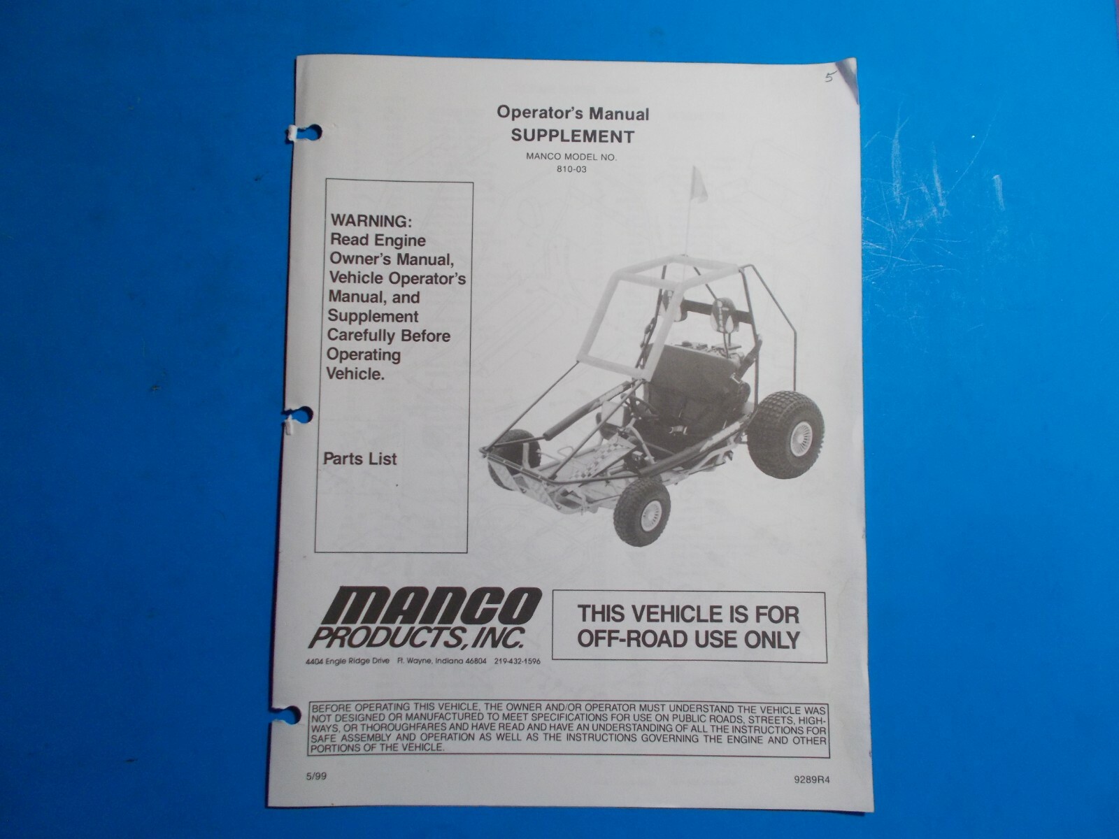 1999 MANCO MACHINE OFFROAD VEHICLE MODEL 810-03 OPERATORS MANUAL ...