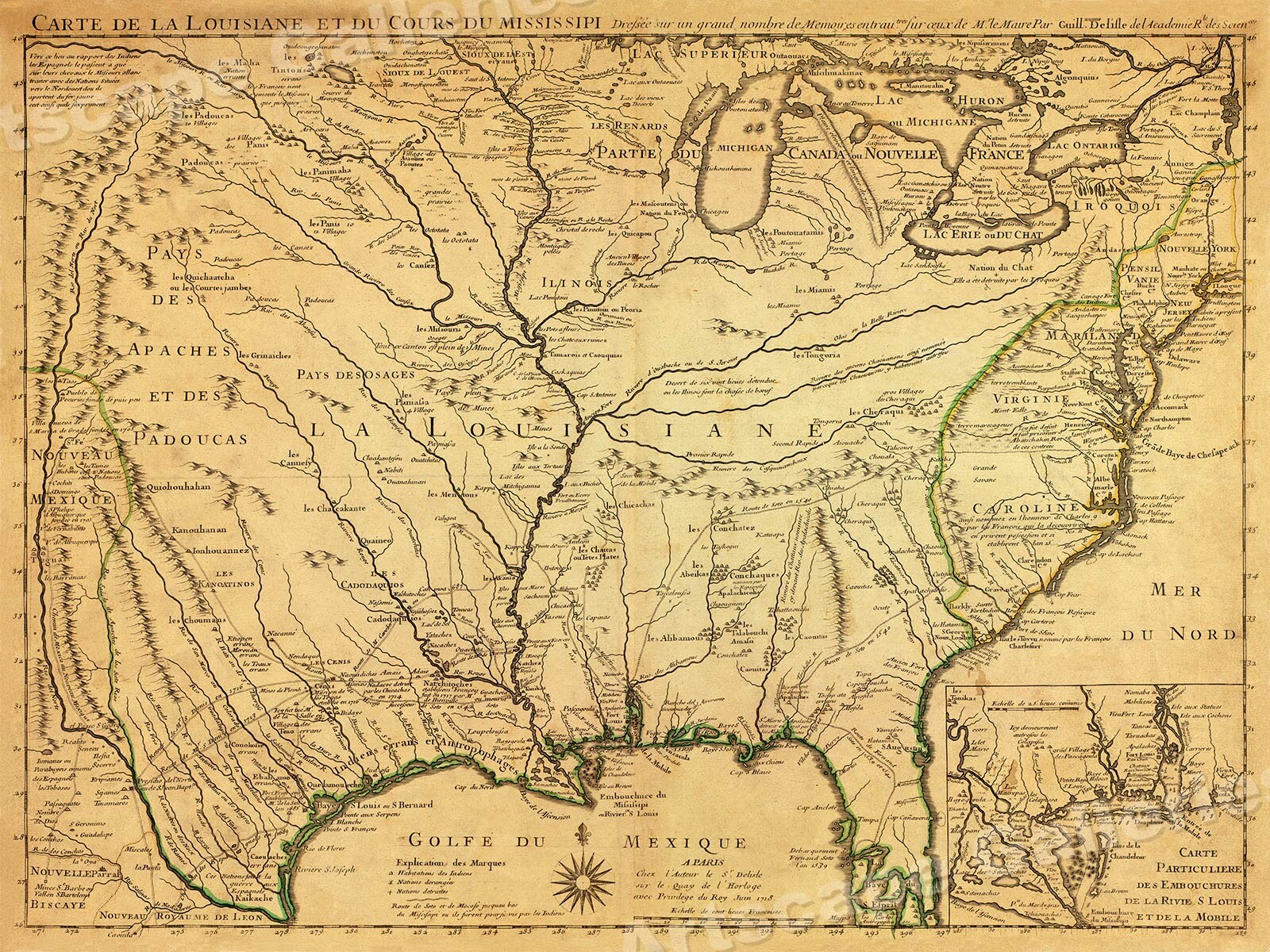 1718 Lousiana Territory & Mississippi River Historic Map - 24x32 | eBay