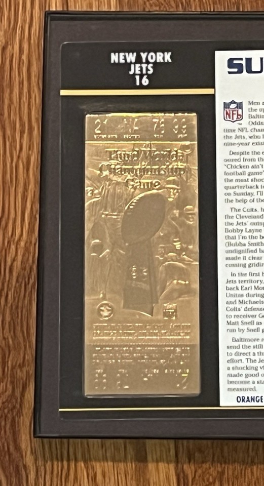 SUPER BOWL III REPLICA 22 K GOLD TICKET WITH GAME NFL FOOTBALL NOTES ...