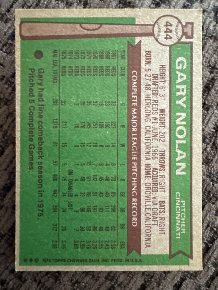 1976 Topps GARY NOLAN Autographed Baseball Card #444 REDS | eBay
