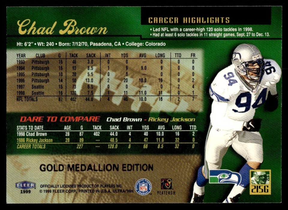 1999 Ultra Gold Medallion Chad Brown G35 Seattle Seahawks #215G | eBay