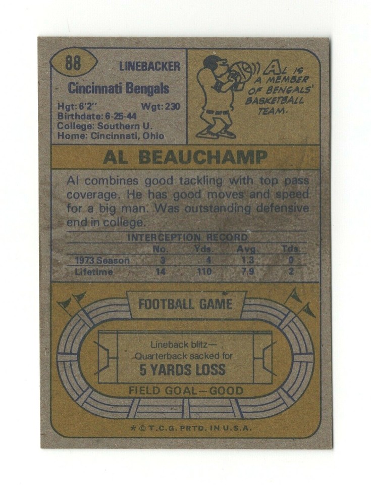 1974 Topps Football Card #88 Al Beauchamp – Cincinnati Bengals | eBay