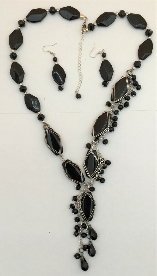 WIRE-WRAPPED BLACK GLASS WATERFALL HAND-BEADED ASYMMETRICAL NECKLACE ...