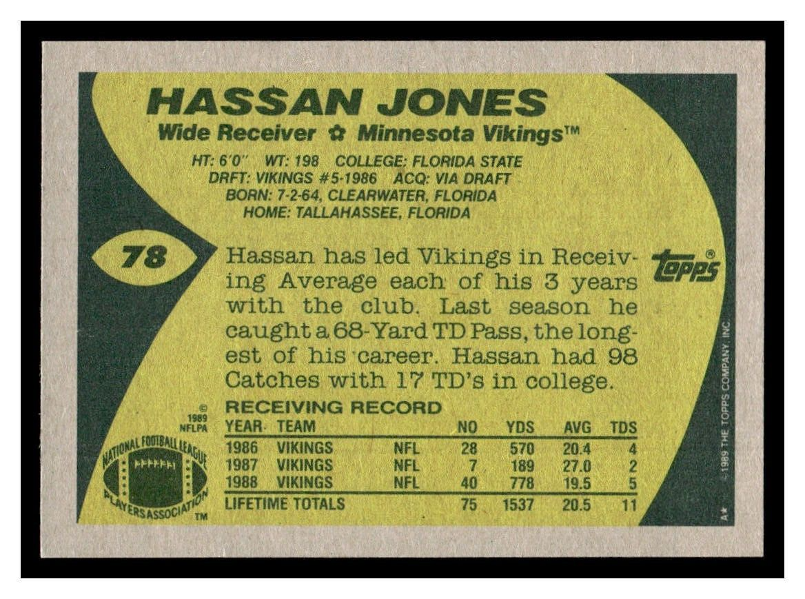 1989 TOPPS - NFL Football ROOKIE Card #78 🏈 HASSAN JONES, Minnesota ...