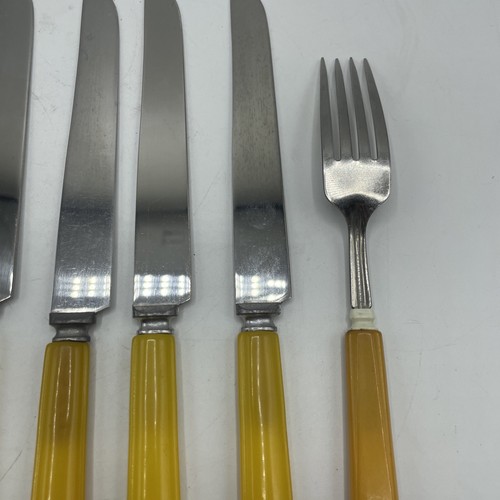 Vintage 7pc Silverware Flatware Mixed Yellow Bakelite Stainless Knives ...