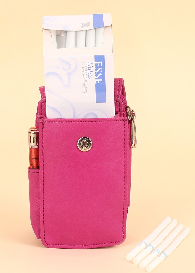 Pink Leather Cigarette Case Flip Top Lighter Smoke Holder Men Women ...