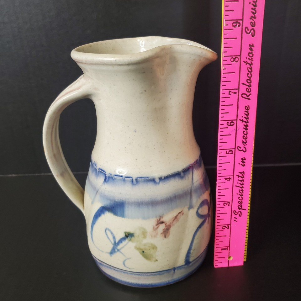 Stoneware Artist Studio Pottery Pitcher Jug Heavy Muted Floral Signed ...
