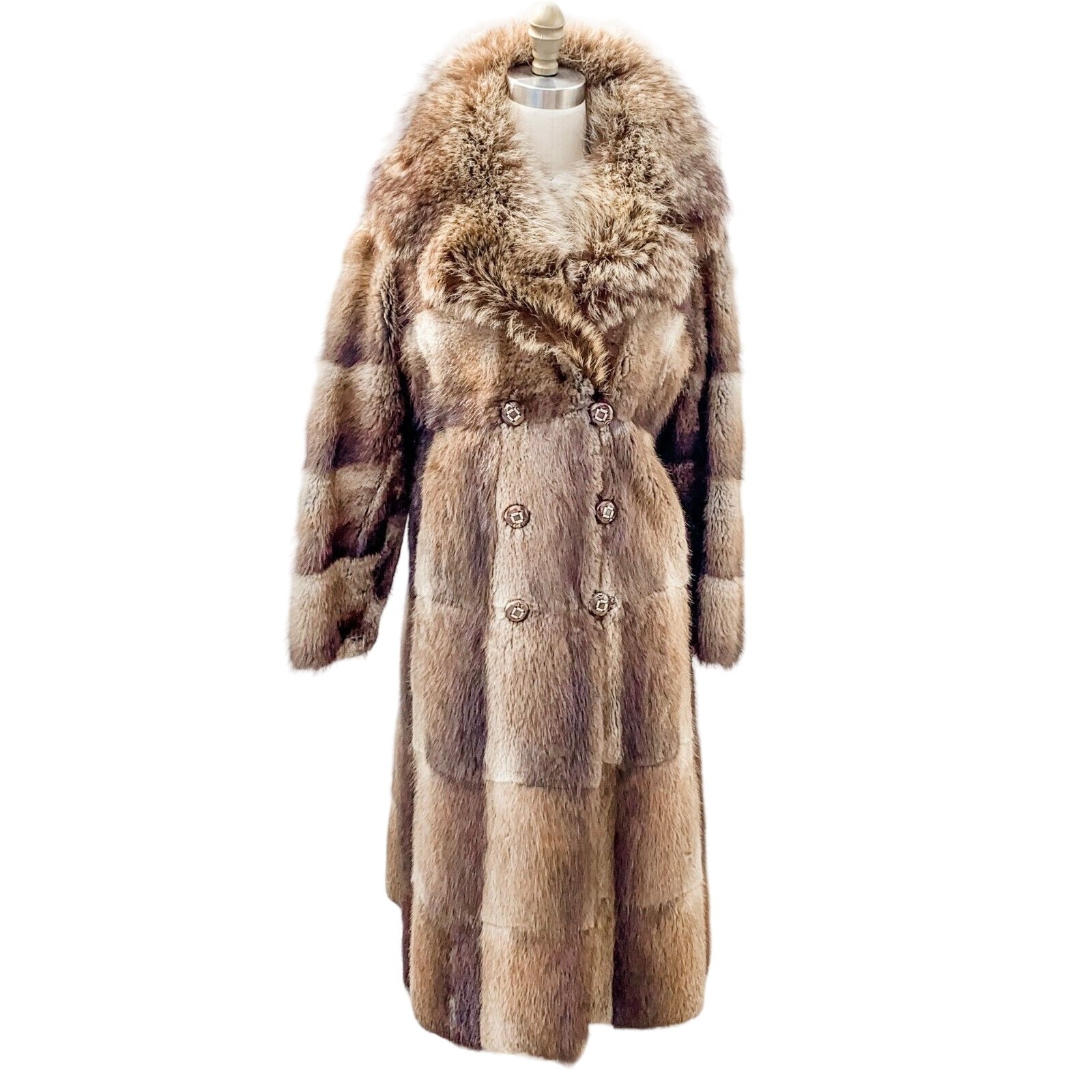 VTG 70s Beaver Fur Patchwork Coat Raccoon Collar Trench Boho Glam S M ...