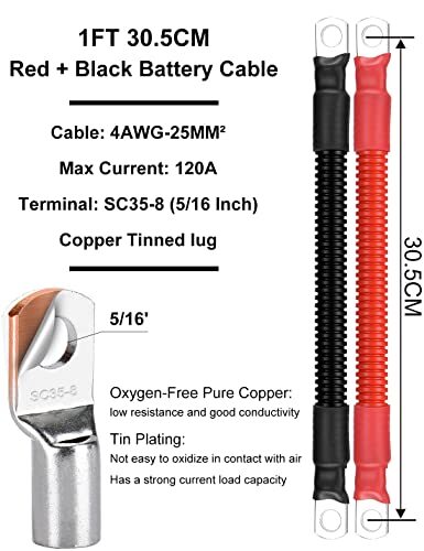 4 AWG Gauge Battery Inverter Cables Set with Terminals Red+Black 1 ft 5 ...