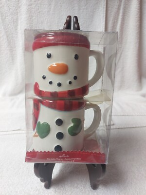 SET-2 HALLMARK CHRISTMAS SNOWMAN Mug Stackable White Red Ceramic Coffee ...