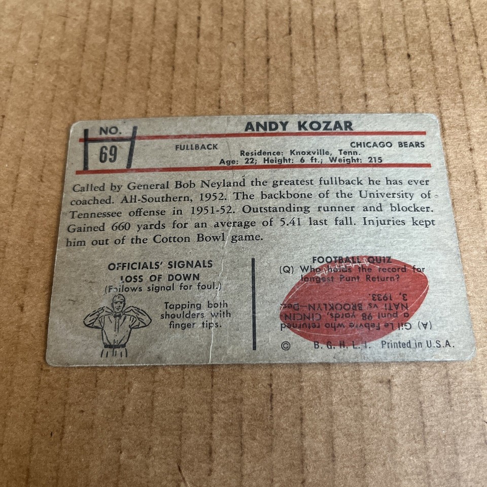 1953 Bowman Andy Kozar RC #69 Chicago Bears Vintage Football Card (poor ...