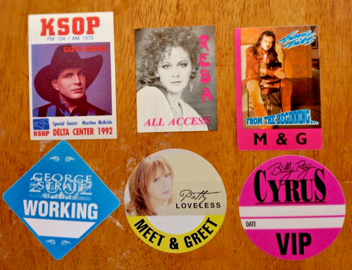6 Unused Back Stage Band Passes Reba Garth George Strait Cyrus Tritt ...
