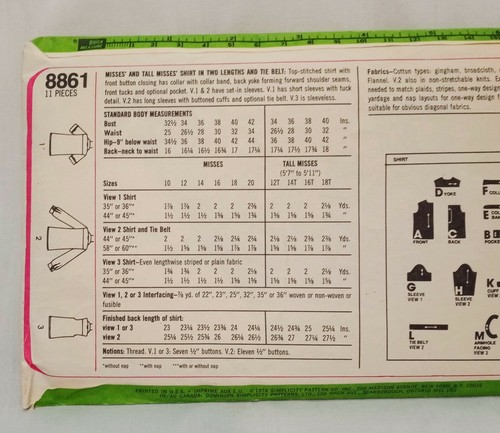 Misses Shirt and Tall Misses Size 12 Simplicity 8861 1978 2 Lengths ...