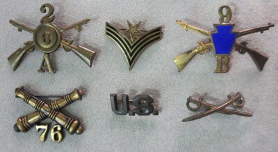 1898 SPANISH AMERICAN WAR 6 CAP BADGES & COLLAR INF. ART. CAV ...
