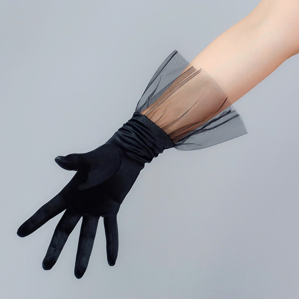 SATIN GLOVES Wrist Short Stretch Silk Black Sheer Lace Mesh Tulle ...