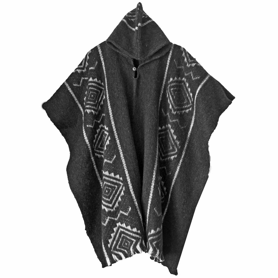 LLAMA WOOL MENS CAPE HOODED PONCHO COAT JACKET HANDWOVEN OTAVALO ...
