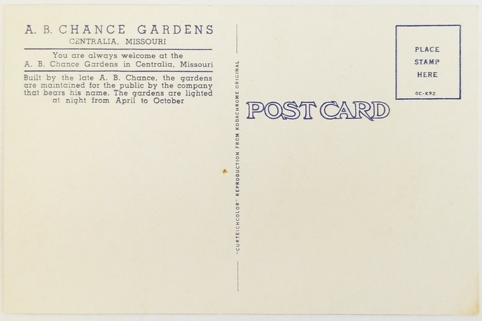 A.B. Chance Gardens Centralia Missouri Postcard lighthouse people pond ...