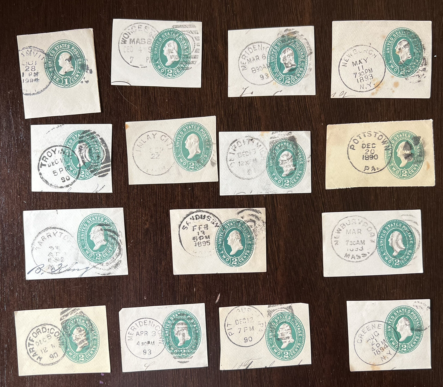 INTERESTING LOT OF 15 U.S. CUT SQUARE STAMPS ALL DIFFERENT CANCELS #1 ...