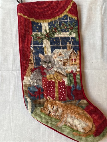 Vintage Needlepoint Stocking Gray Cat And Tabby Cat | eBay