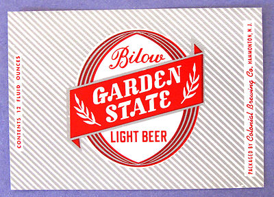 Colonial Brewing BILOW GARDEN STATE LIGHT BEER label NJ 12oz | eBay