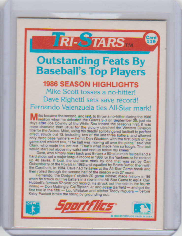 1987 Sportflics Mike Scott Dave Righetti Fernando Valenzuela 1986 ...