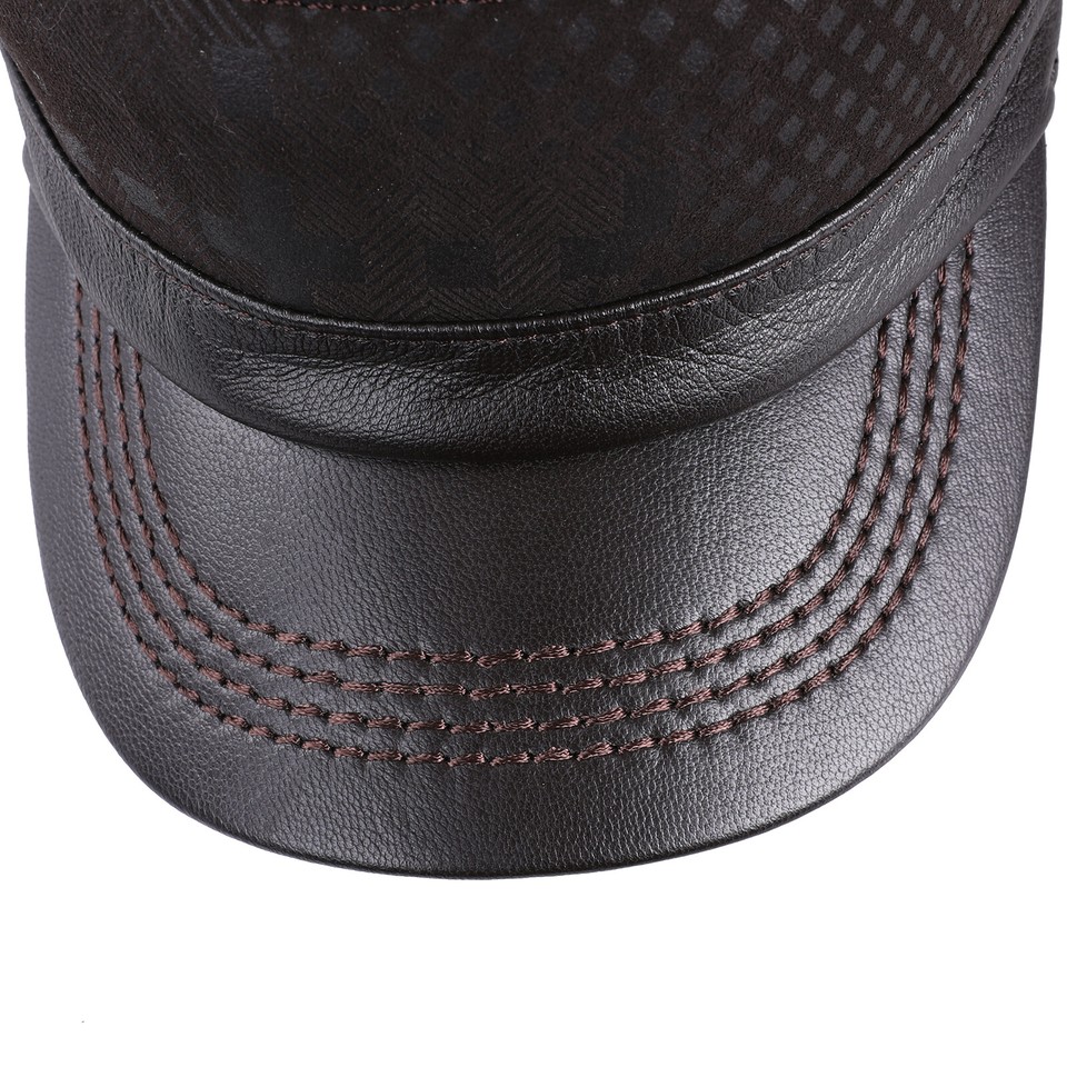 Men's Flat Top Cap Real Sheepskin Leather Military Style Caps Cadet ...