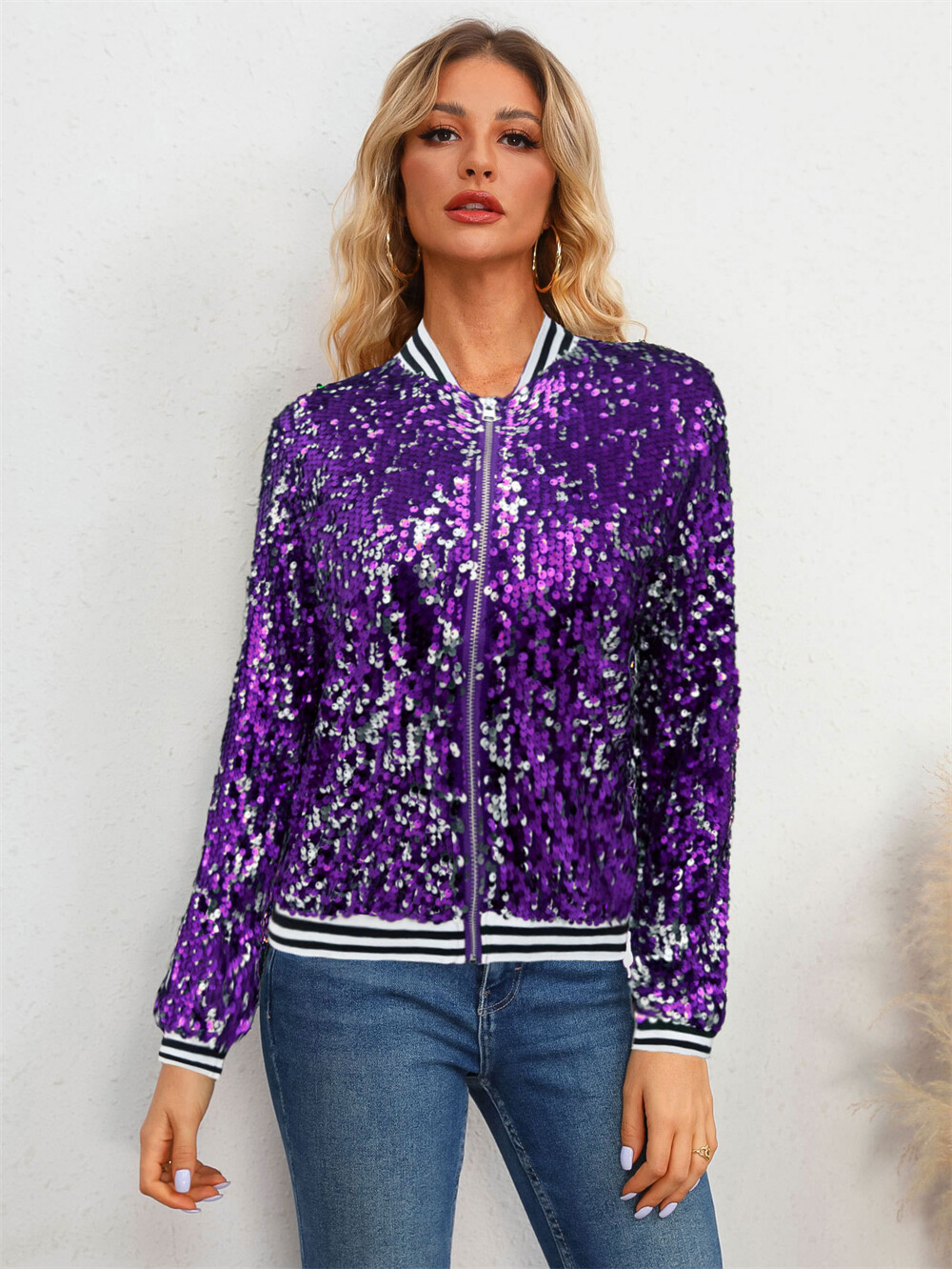 Women Zipper Open Front Long Sleeve Party Shiny Glitter Sparkly Jackets ...