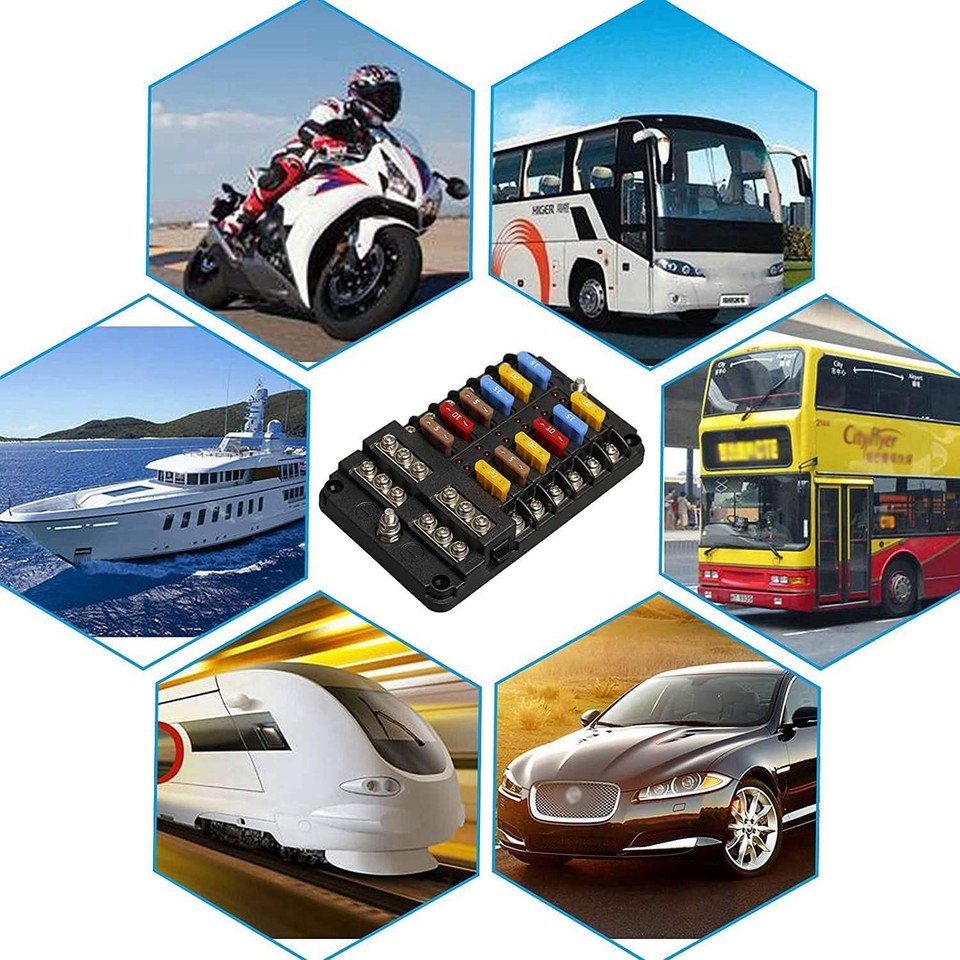 12V 12 Way Marine Fuse Fuse Panel with Ground & 12 Volt Fuse Box for ...