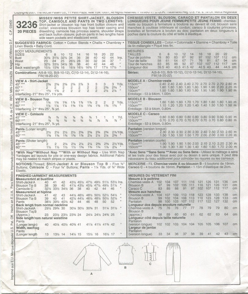 McCalls 3236 Shirt-Jacket Top Camisole Pants Misses Sewing Pattern ...