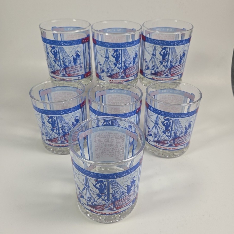 Bicentennial Boston Tea Party Whiskey Rock Glasses Set of 7 Patriotic ...