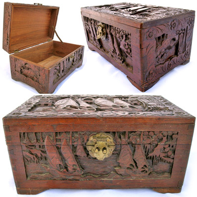 Vintage Old Wood Wooden Jewelry Treasure BOX CARVED Schooner Sail Sea ...