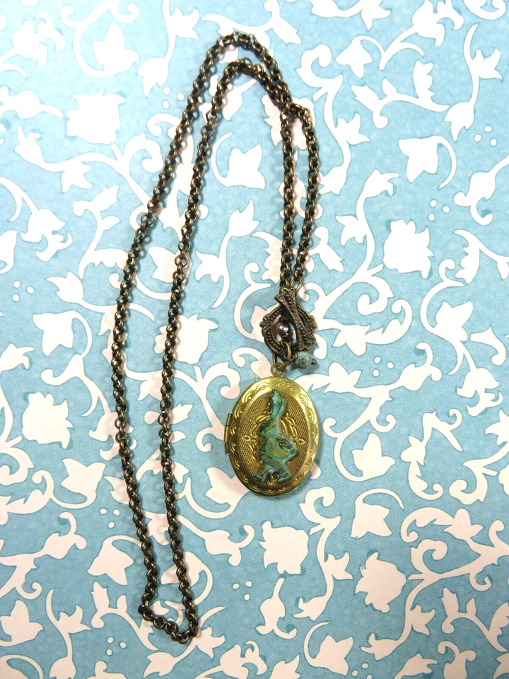 Locket Pendant Necklace Applied Verdigris Rabbit Toggle Clasp Link ...