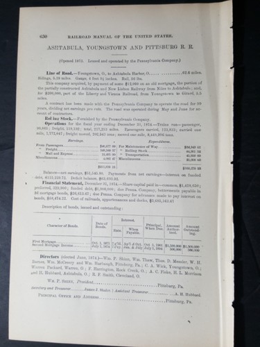 1876 original train report ASHTABULA YOUNGSTOWN & PITTSBURGH RAILROAD ...