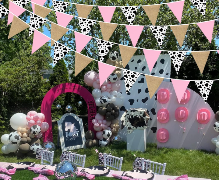 32Ft Western Farm Party Decorations Burlap Pink Cow Triangle Flag ...