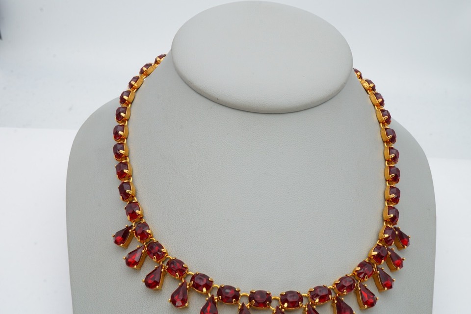 Vintage Necklace Gold Tone Red Rhinestone Teardrop 18" | eBay