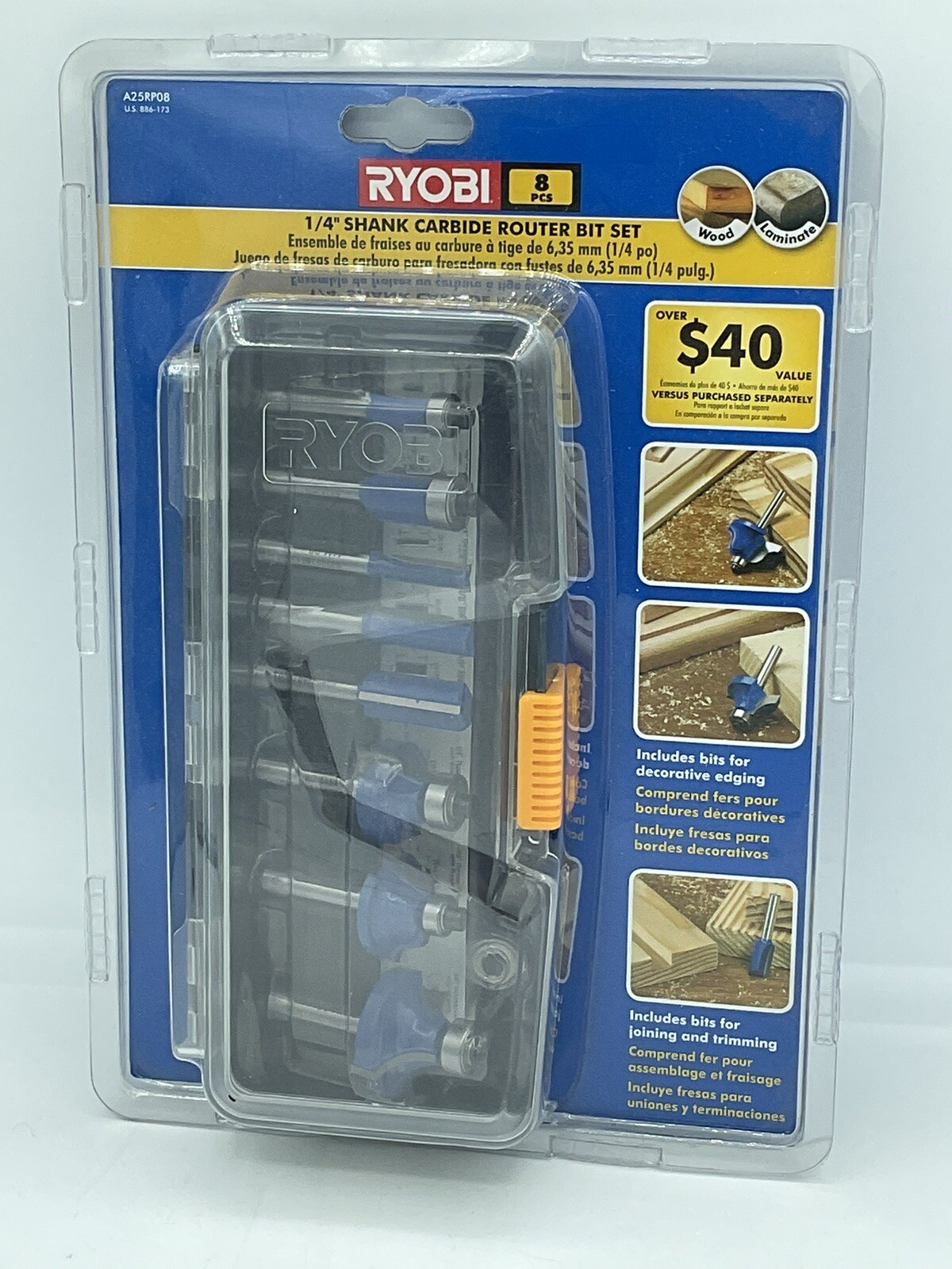 Ryobi 8 Pcs 1/4" Shank Carbide Router Bit Set Case A25RP08 for sale ...