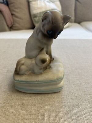 Vintage Mann Music Box Siamese Cat +Kitten Hand Painted Porcelain Japan ...