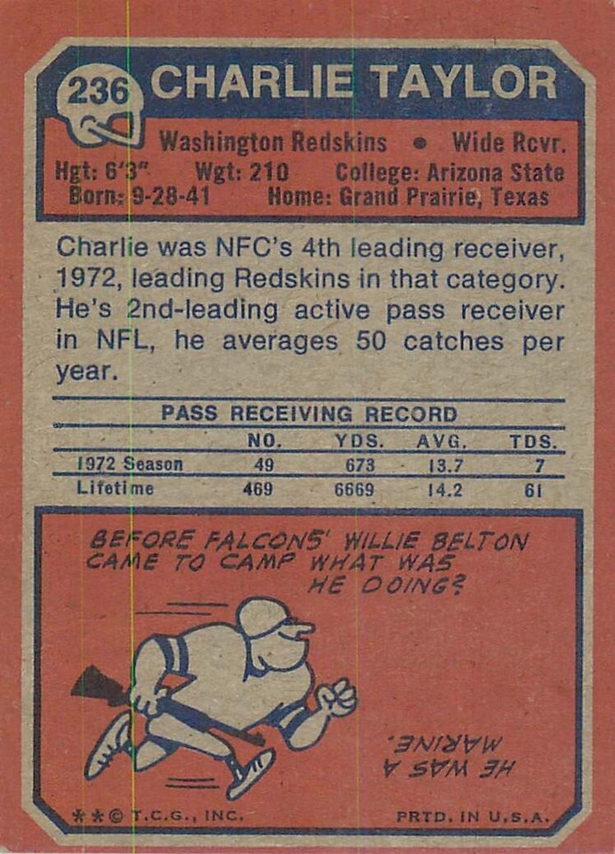 1973 Topps Football #236 CHARLIE TAYLOR Washington Redskins (A) | eBay