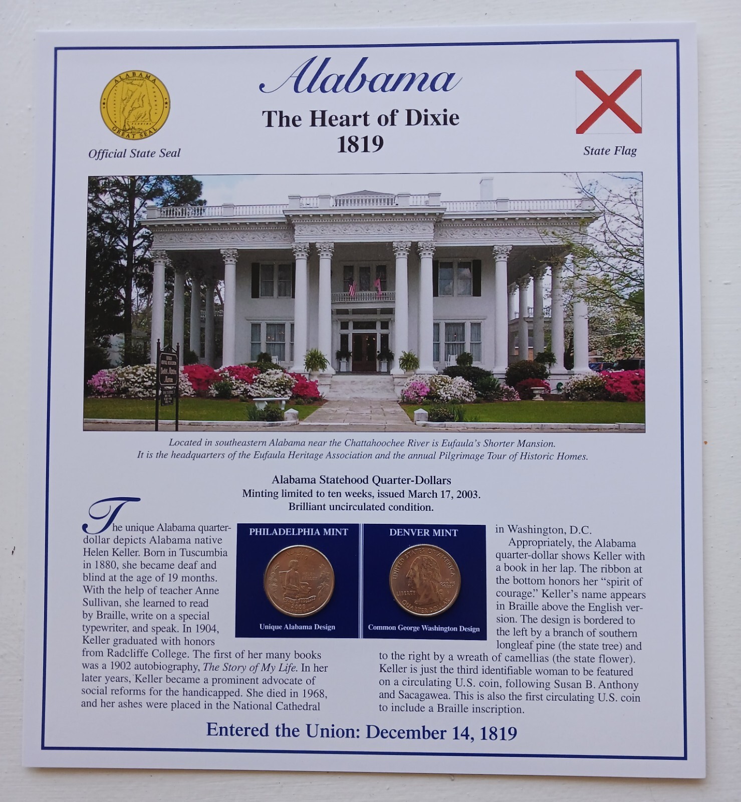 PCS Statehood Quarters & Stamp Collection Alabama Heart of Dixie Vol I ...