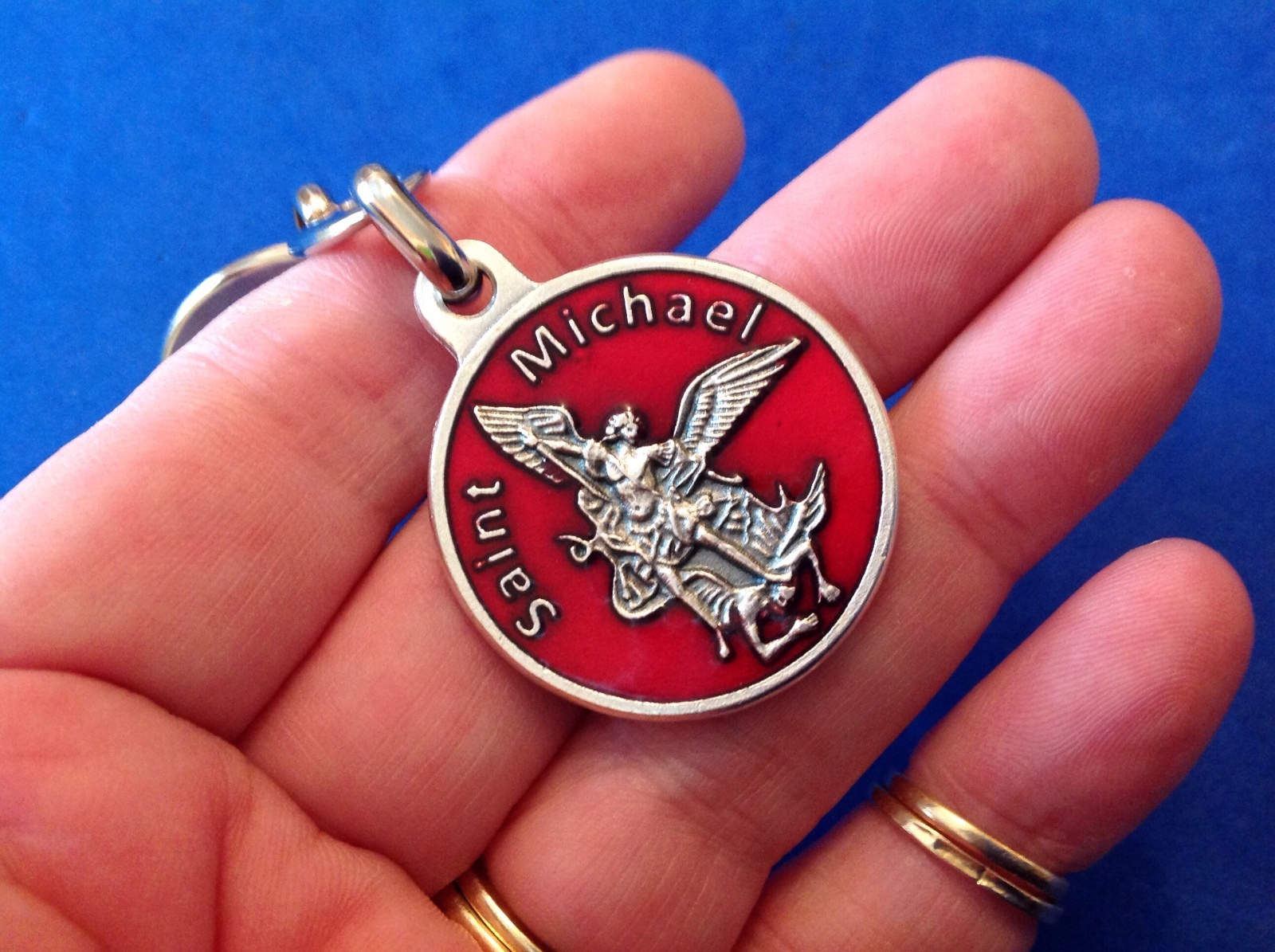 ARCHANGEL St MICHAEL RED ENAMEL Saint Medal KEY CHAIN, KEY RING Prayer ...