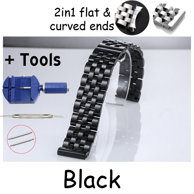 5Rows Link Strap Watch Band Flat Curved End Stainless Steel Bracelet ...