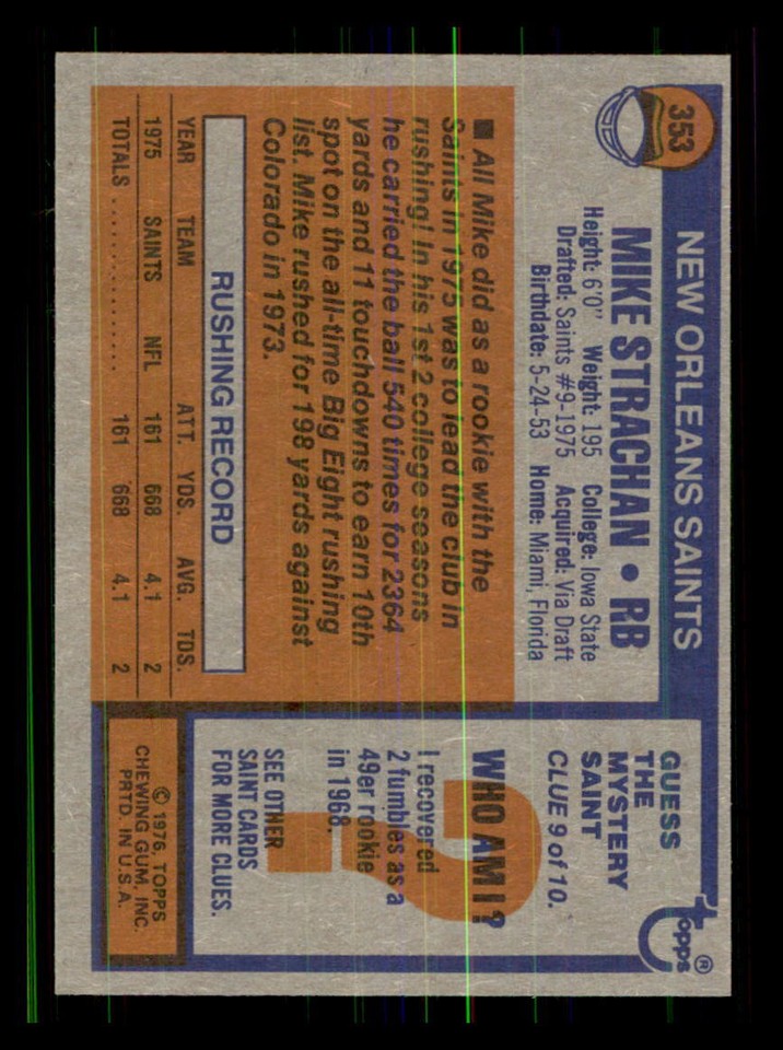 1976 Football Topps Mike Strachan New Orleans Saints #353 RC1 | eBay