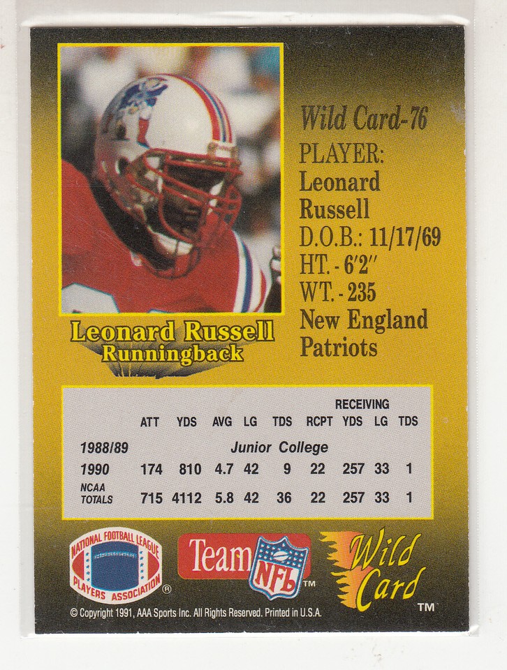 LEONARD RUSSELL 1991 Wild Card NFL #76 Parallel 20 Stripe N E Patriots ...