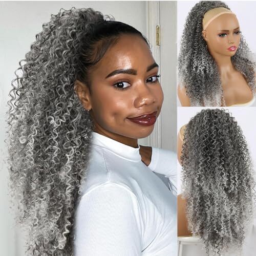 Kinky Curly Ombre Gray Drawstring Ponytail Extension for 26 Inch Ombre ...
