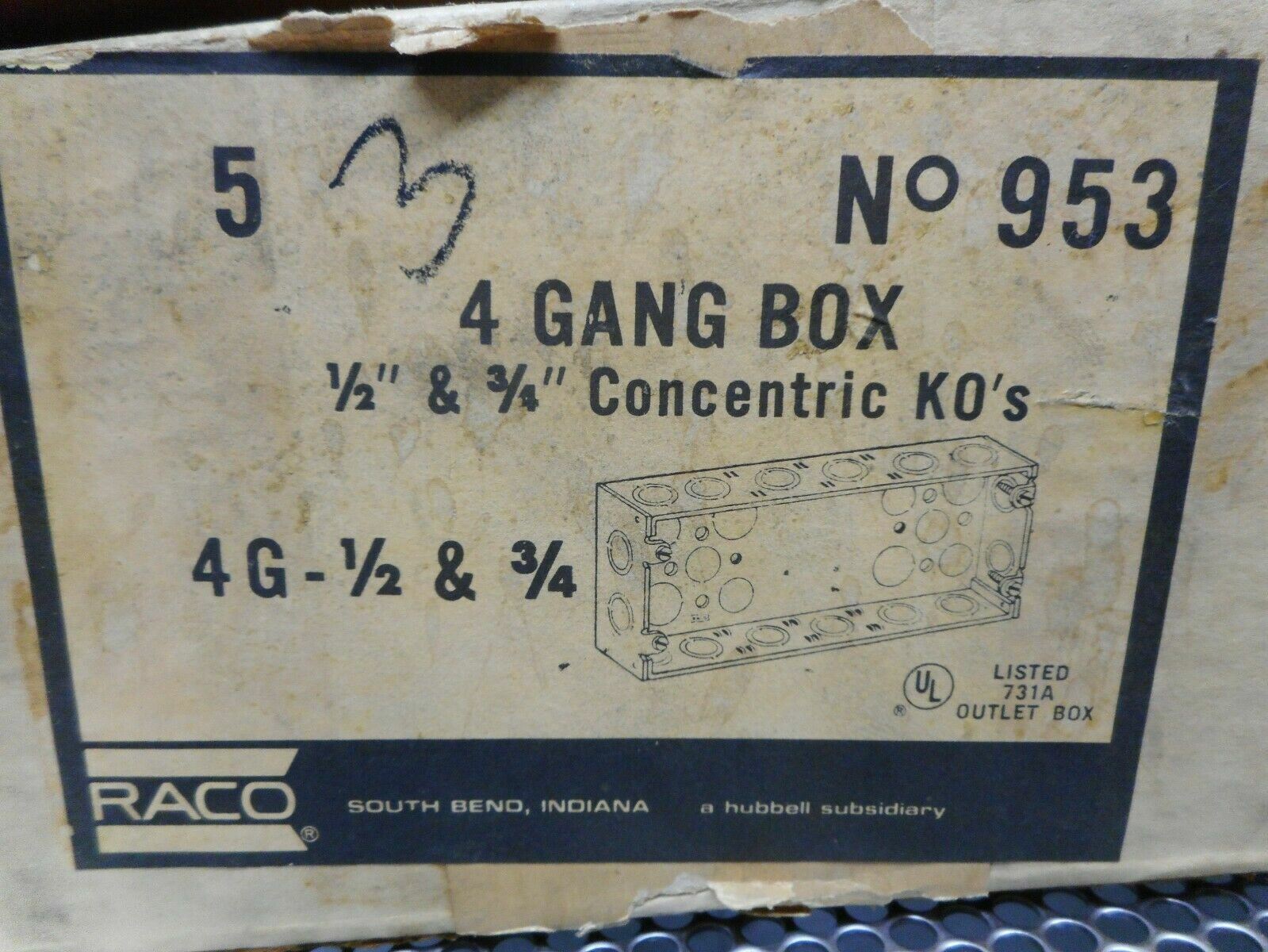 RACO 953 4 Gang Box 1/2" & 3/4' Concentric KO's 4G-1/2 & 3/4 (5 Boxes ...