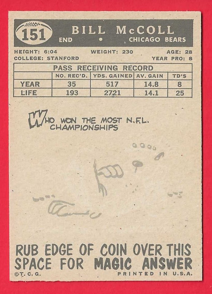 1959 Topps #151 Bill McColl Football Card Chicago Bears Nrmt very nice ...