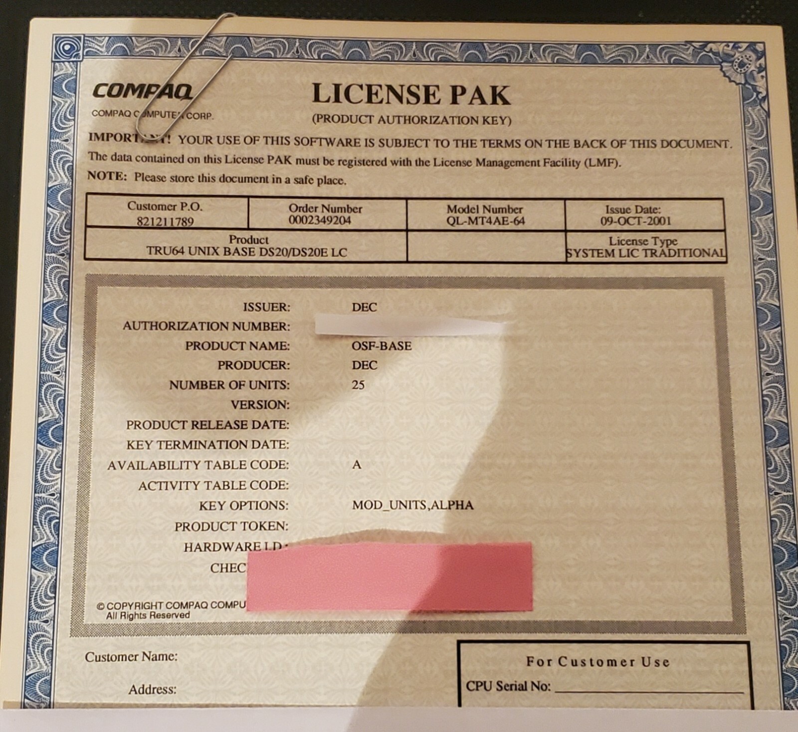 DIGITIAL DEC LICENSE PAK QL-MT4AE-64 TRU64 UNIX BASE DS20/DS20E LICENSE ...