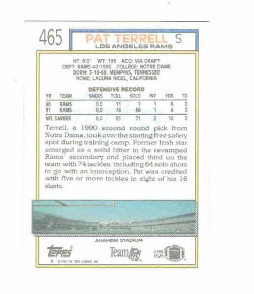 Pat Terrell LA Rams S #465 Topps 1992 Football Card | eBay