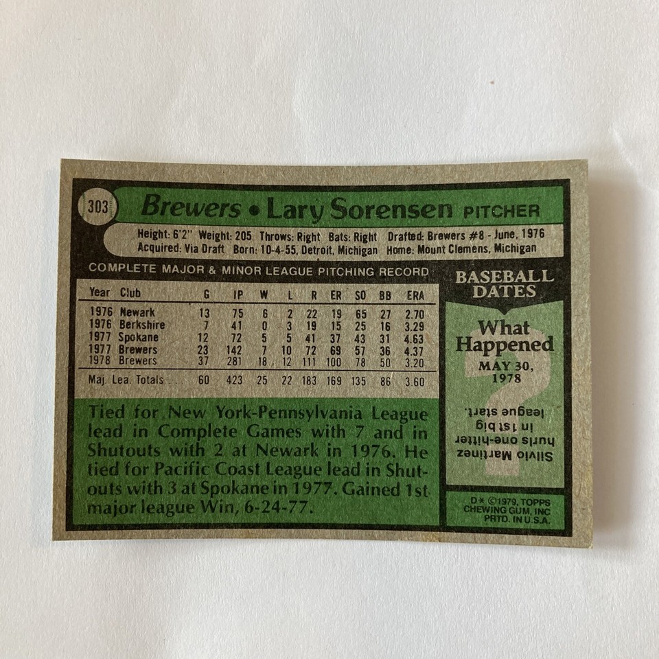 1979 Topps #303 Lary Sorensen Milwaukee Brewers Baseball Card EX/MT+ | eBay